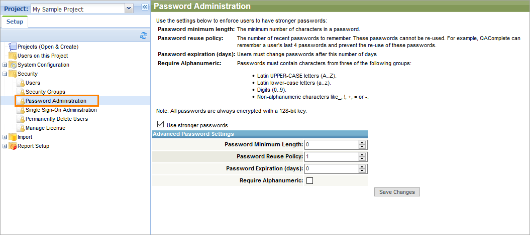 Password Administration QAComplete Documentation