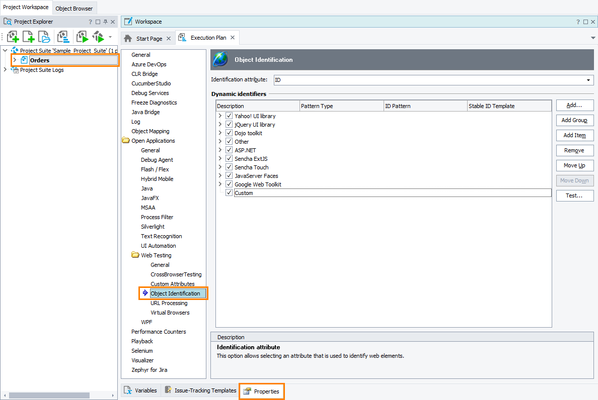 Project Properties Object Identification Options TestComplete